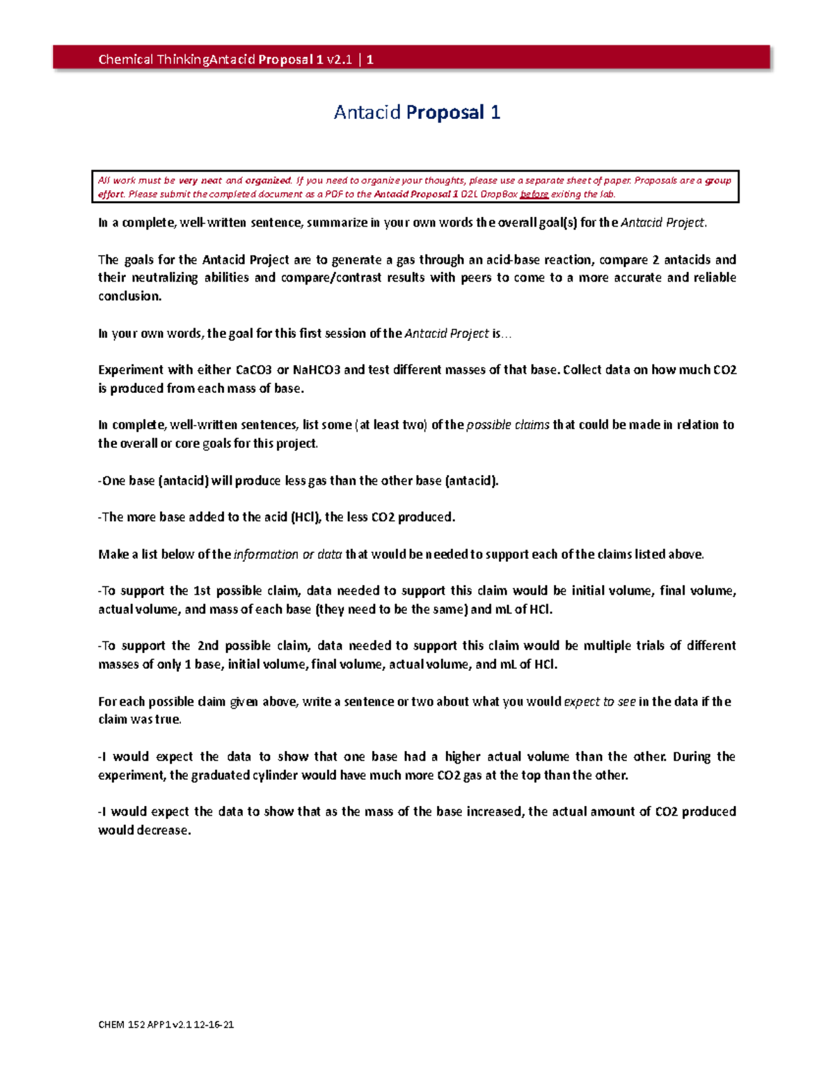 CHEM 152: Antacid Project Proposal and Experimentation Summary - Studocu