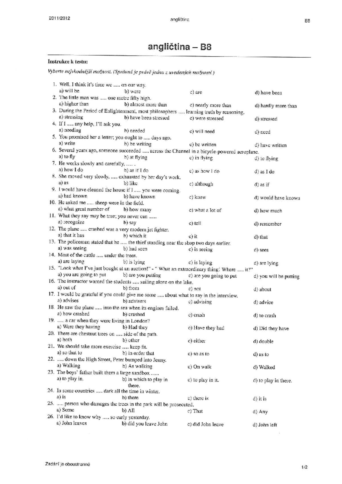 Angličtina B8: Instrukce k testu a cvičení - Studocu