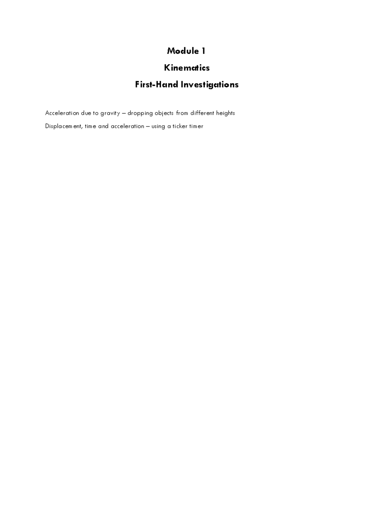 Module 1 Physics: Kinematics Investigation on Gravity Effects - Studocu