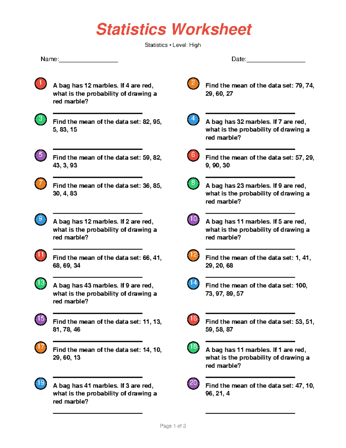 Statistics Worksheet 9: Probability & Mean Calculations - Studocu