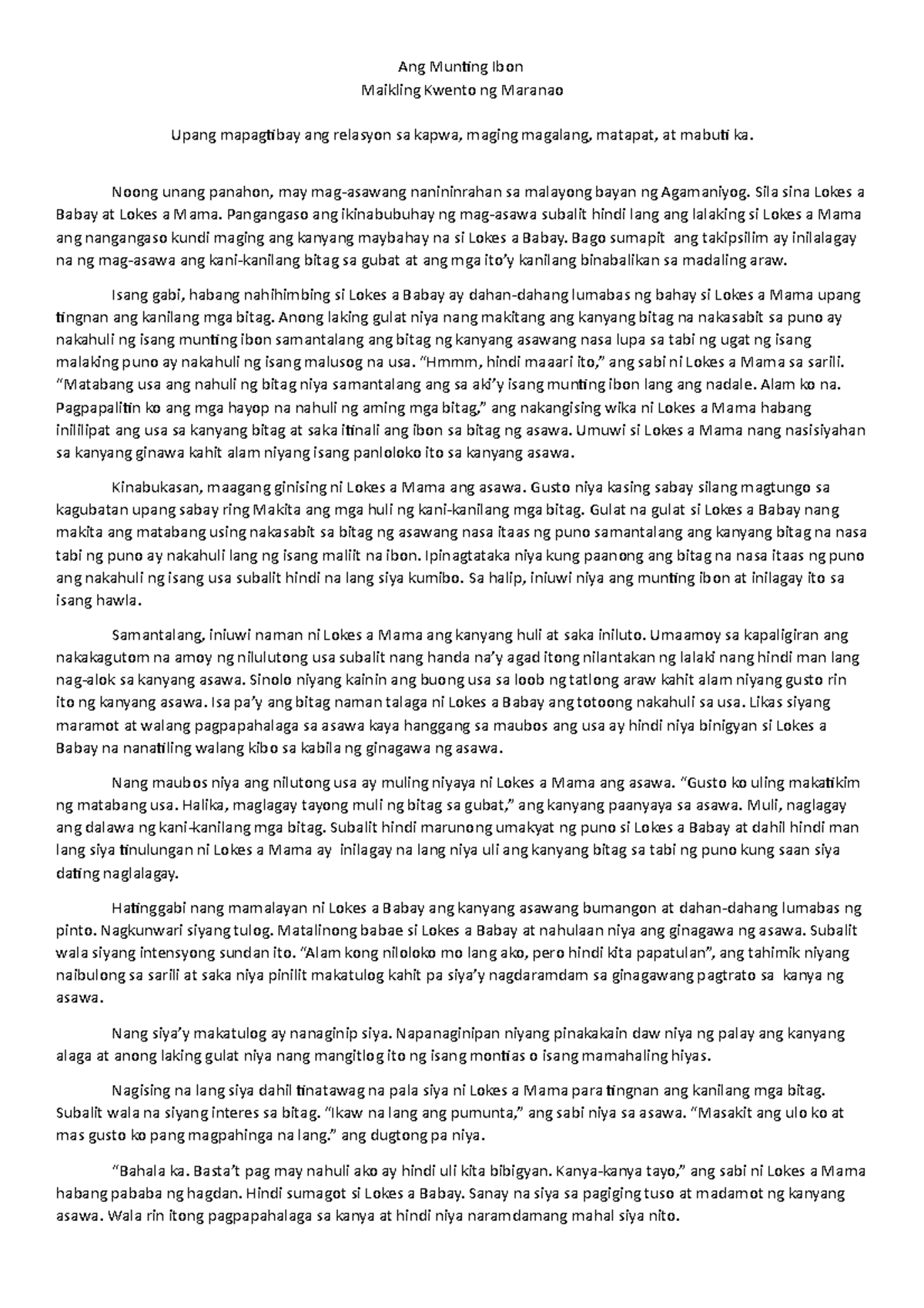 Ang Munting Ibon: Kwentong Maranao ng Pagmamahal at Panloloko - Studocu