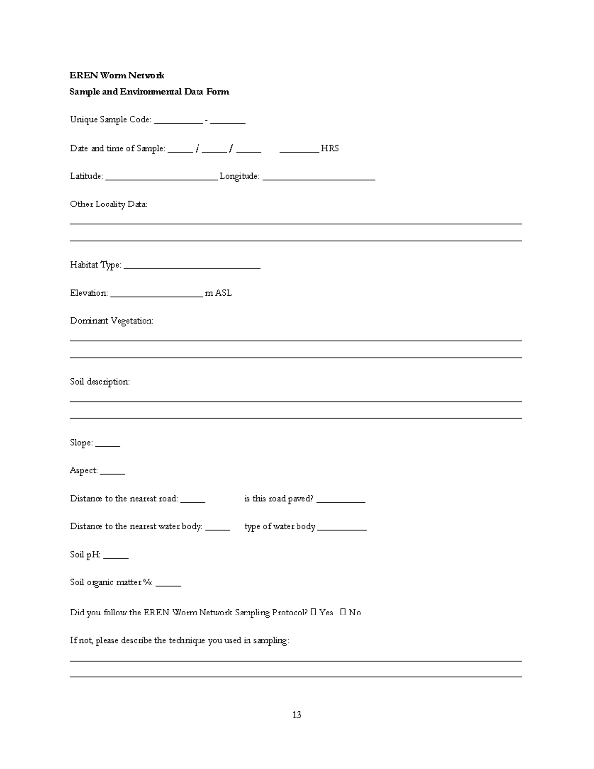 EREN Worm Network Sample & Env. Data Form Instructions - Studocu