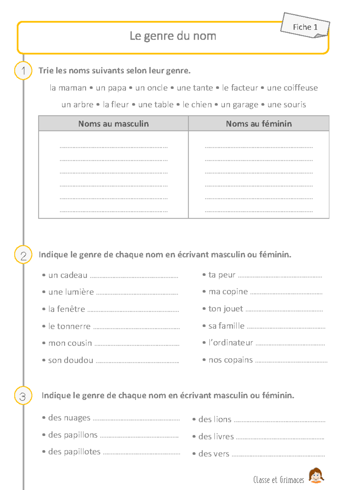Fiches d'application : Le Genre du Nom en Français - Studocu