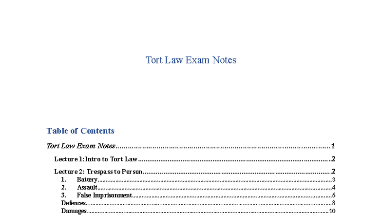 Tort Law Exam Notes (Course Code: TL101) - Comprehensive Overview - Studocu