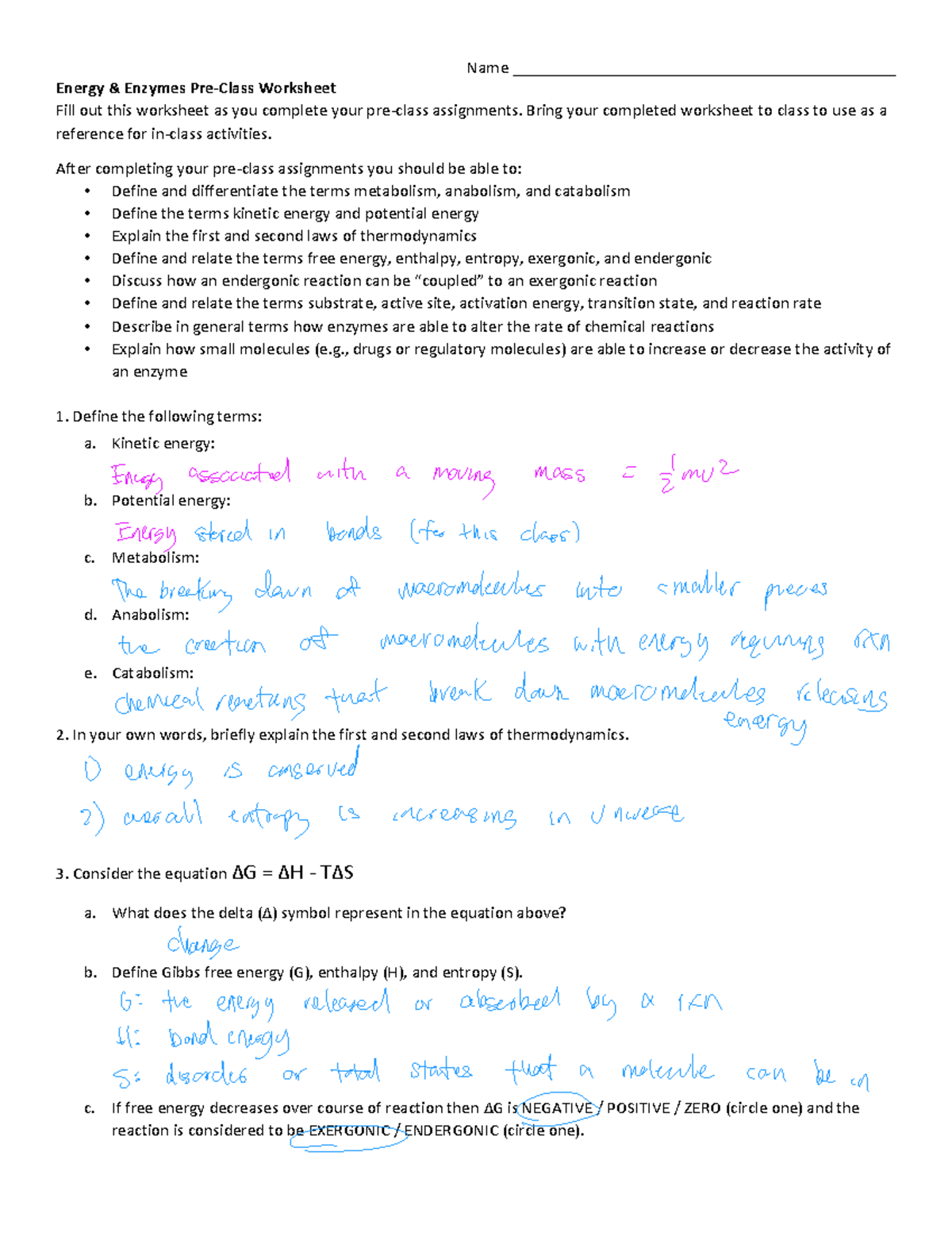Week 3a Energy & Enzymes Pre-Class Reading Guide - Studocu