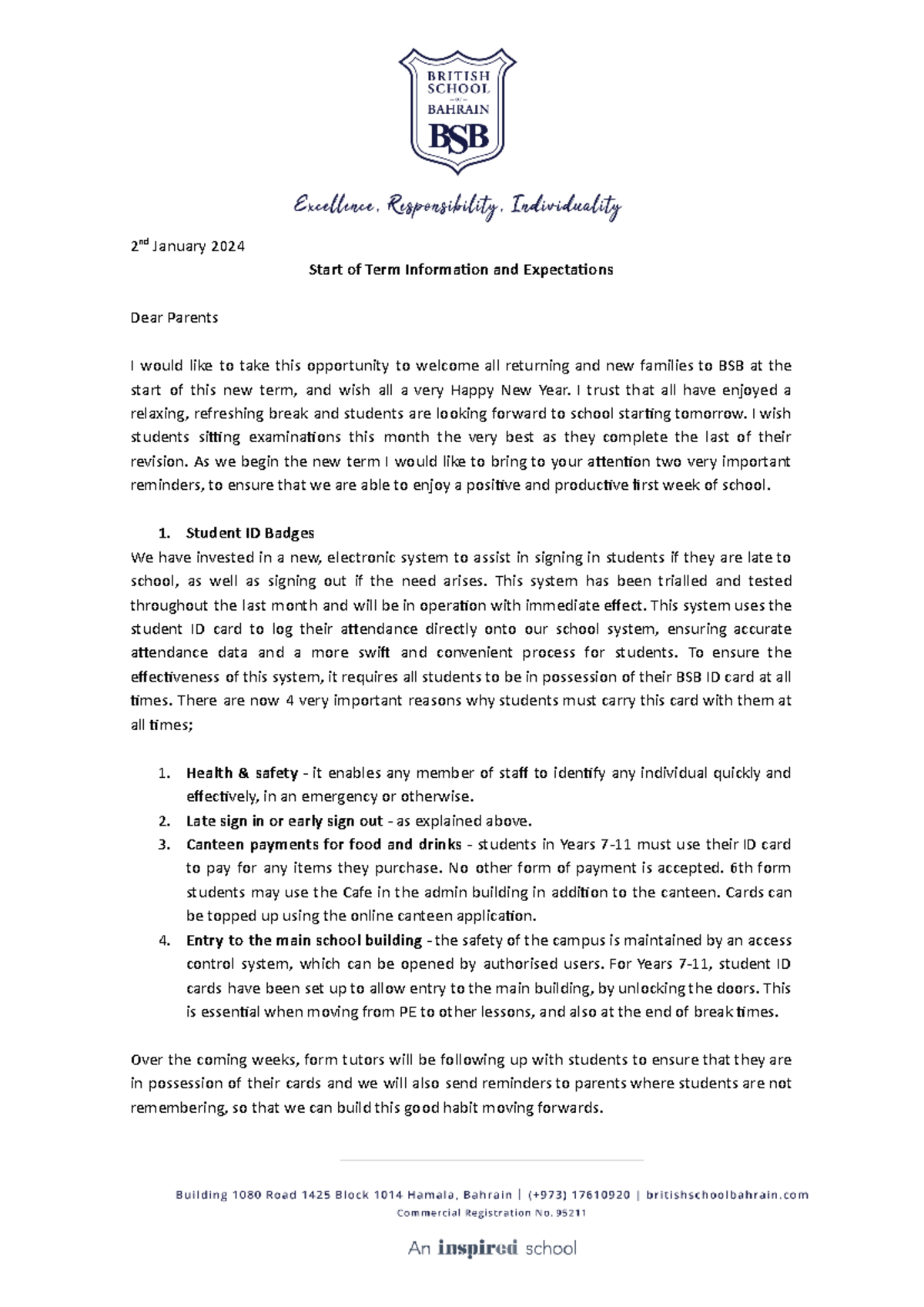 240102 Letter to parents Information & Expectations - 2 nd January 2024 ...