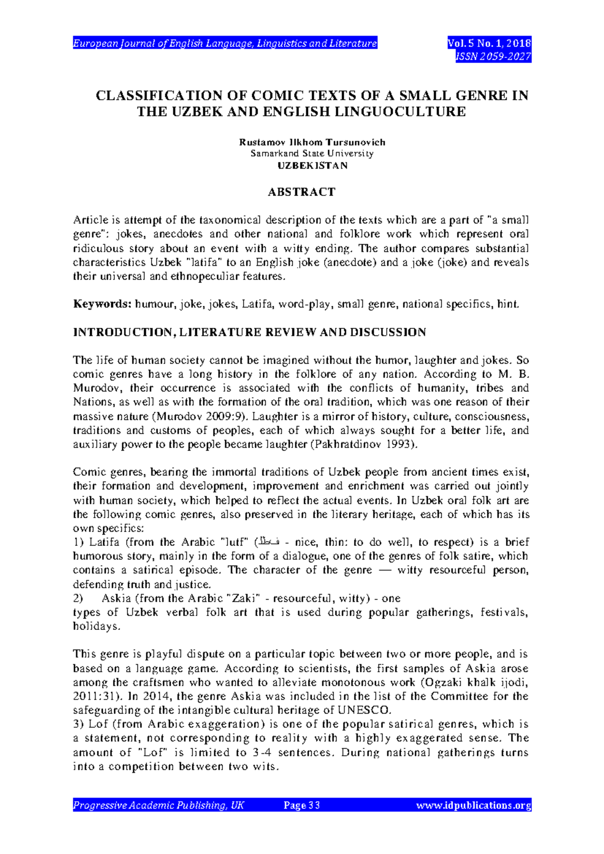 Full Paper Classification OF Comic Texts OF A Small Genre IN THE Uzbek ...
