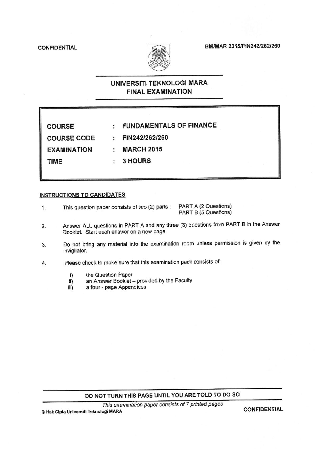 FIN242 262 260 March 2015 - Fundamentals of Finance - Studocu