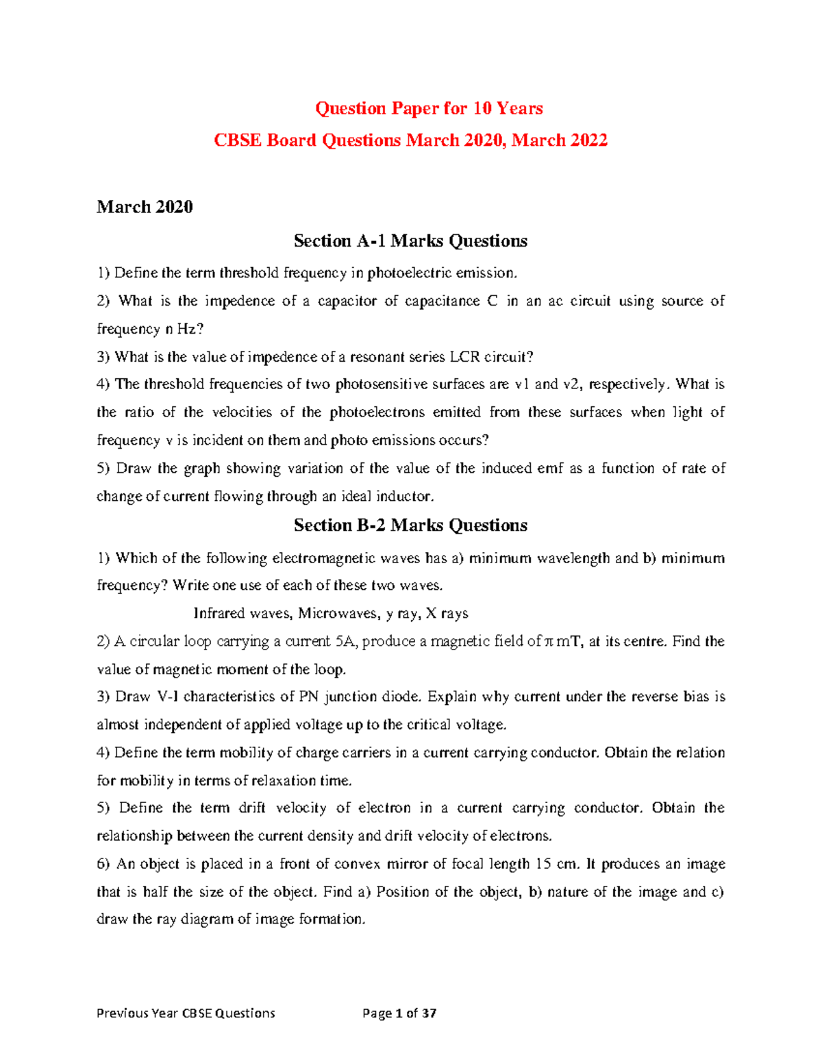 Question Paper for CBSE Physics Board Exam: March 2020 & 2022 - Studocu