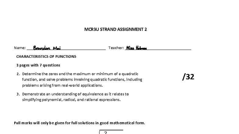 MCR3U Strand 2 Assignment: Characteristics of Quadratic Functions - Studocu