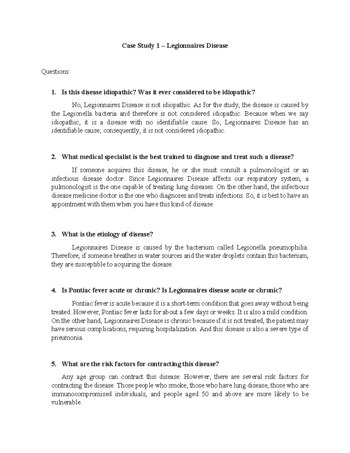Case Study on Legionnaires Disease and Toxic Shock Syndrome (MDC101 ...