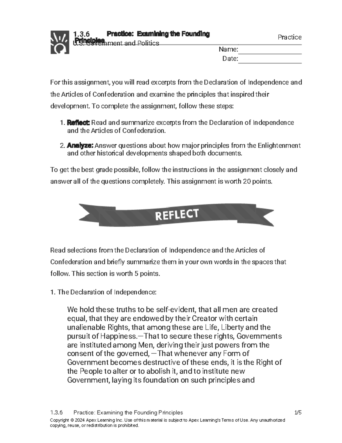 U. Government and Politics 1.3.6 - Examining Founding Principles ...