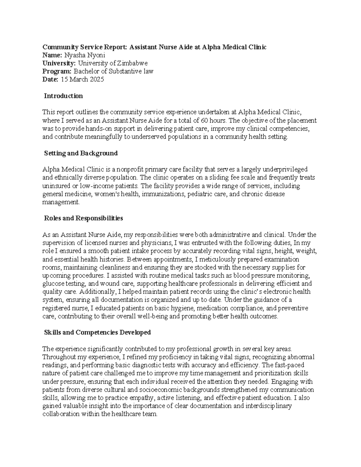 Community Service Report: Assistant Nurse Aide Experience at Alpha ...