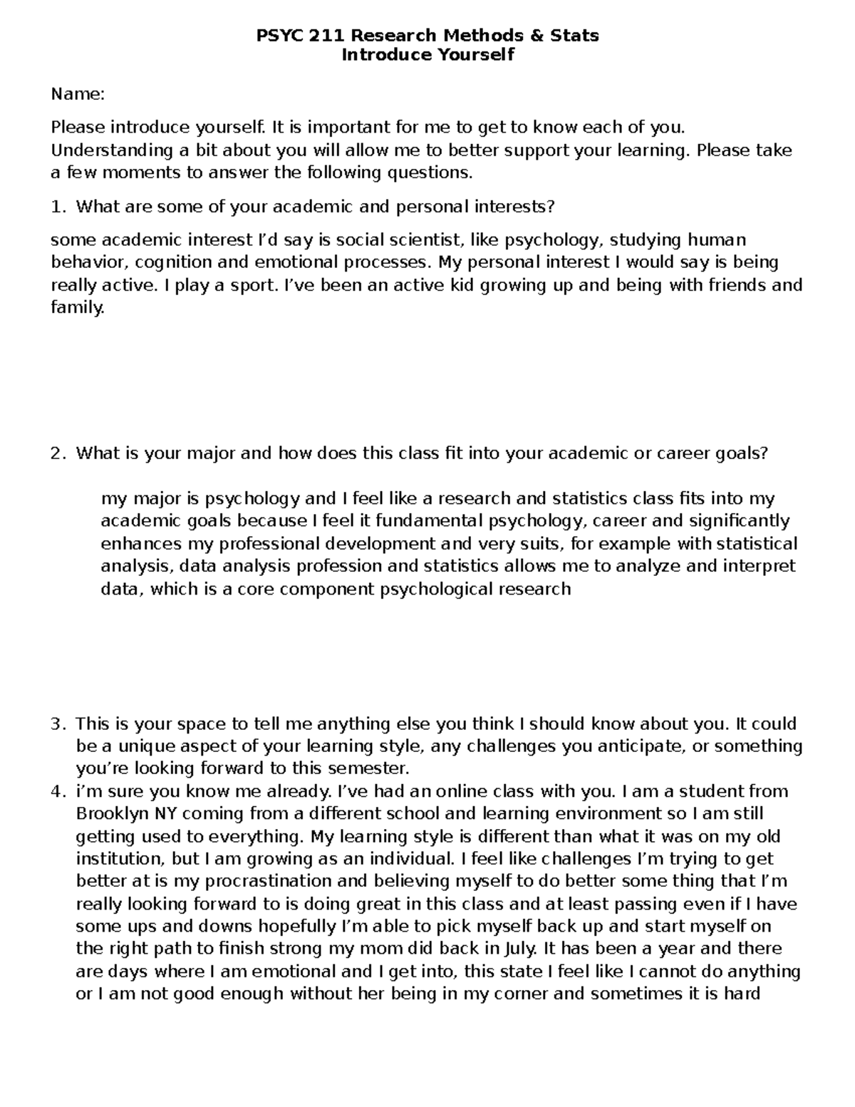 PSYC 211: Introduce Yourself Assignment and Personal Insights - Studocu