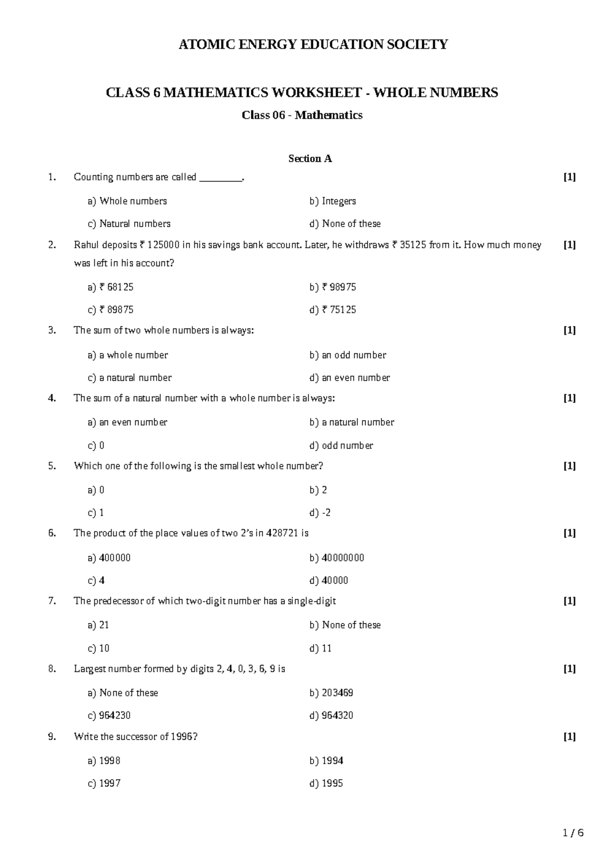 Class 6 Worksheet - Whole Numbers - ATOMIC ENERGY EDUCATION SOCIETY ...