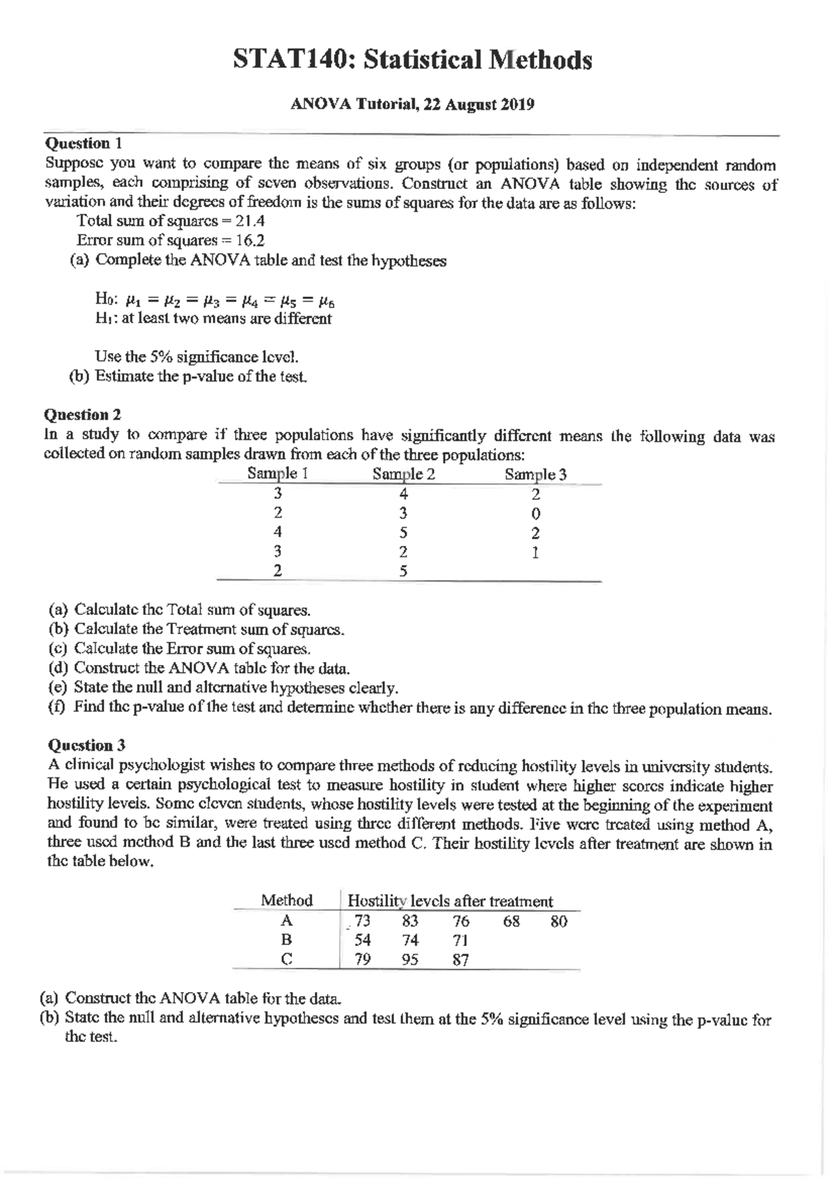 Anova tutorial August 2019 ; Solutions to Questions 1-4 (1) - STAT140: Statistical Methods ANOVA ...