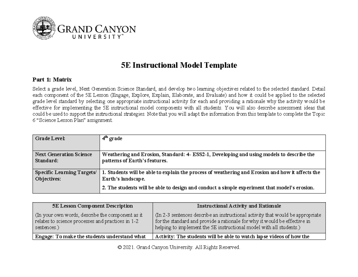 ELM-361-RS 5E Instructional Model Template: Weathering & Erosion Lesson ...