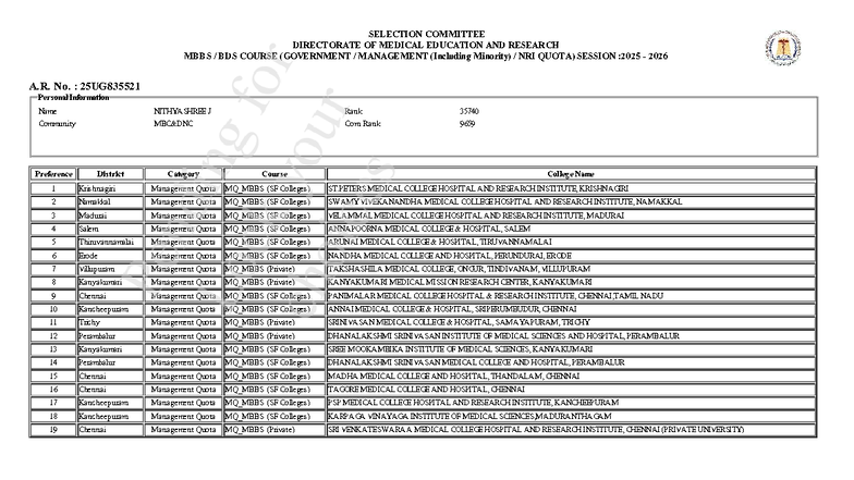 MBBS BDS Course Selection List for 2025-2026 (A.R. No. 25UG835521 ...