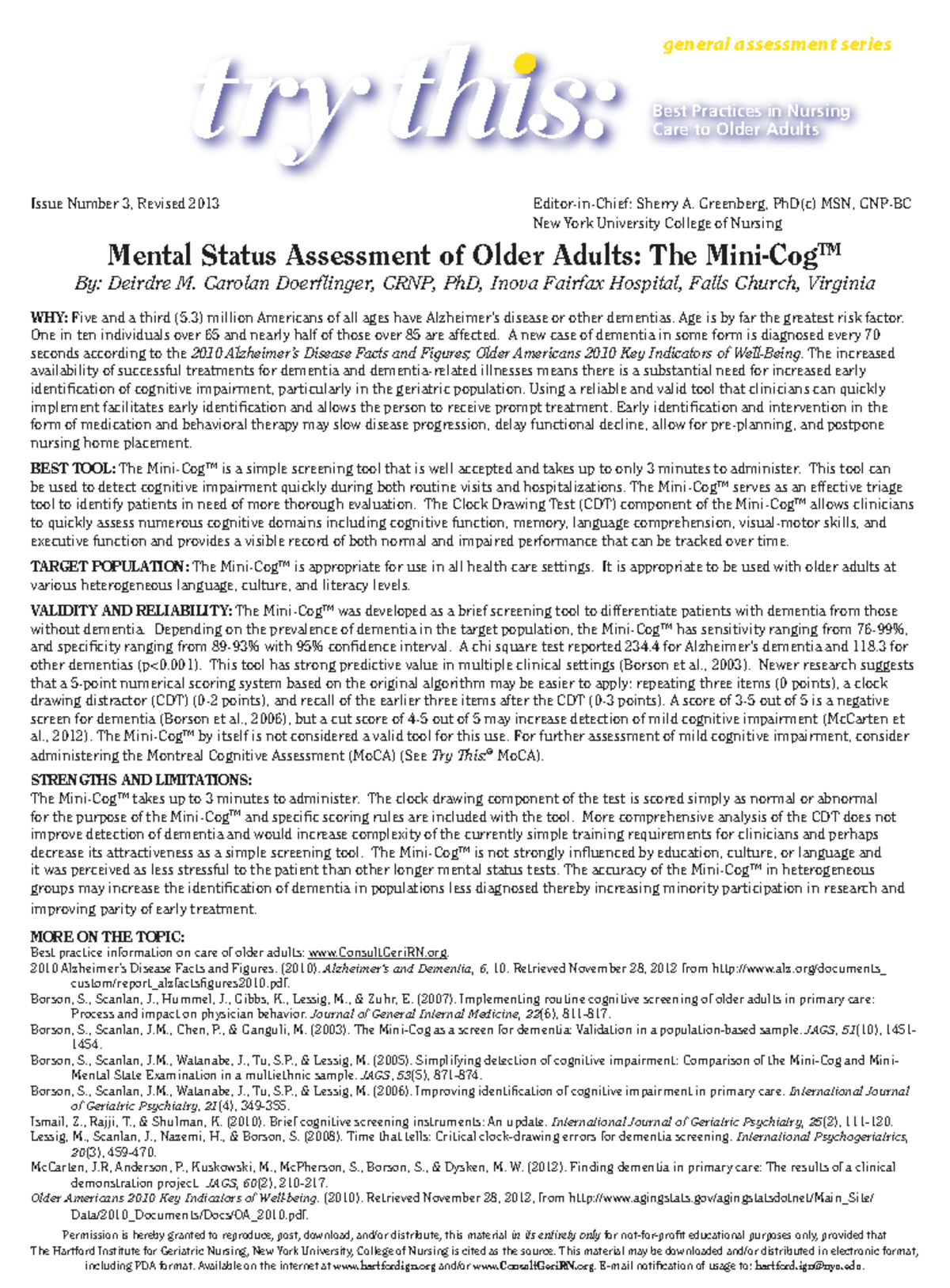 Mini Cog catalog chart how to paperwork - From The Hartford Institute ...