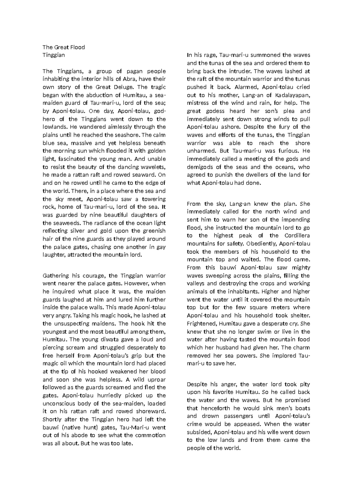 Tinggian Folktale: The Great Flood and Humitau's Tale - Studocu