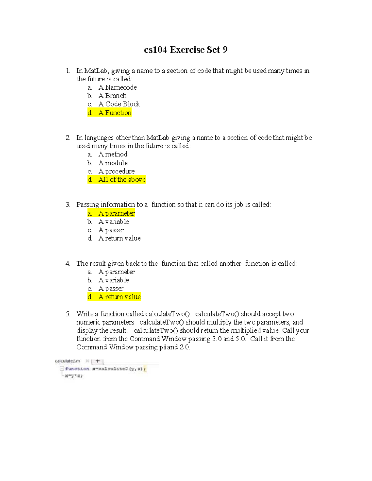CS 104 Lab 9 - Function and Code Block Exercises - Studocu