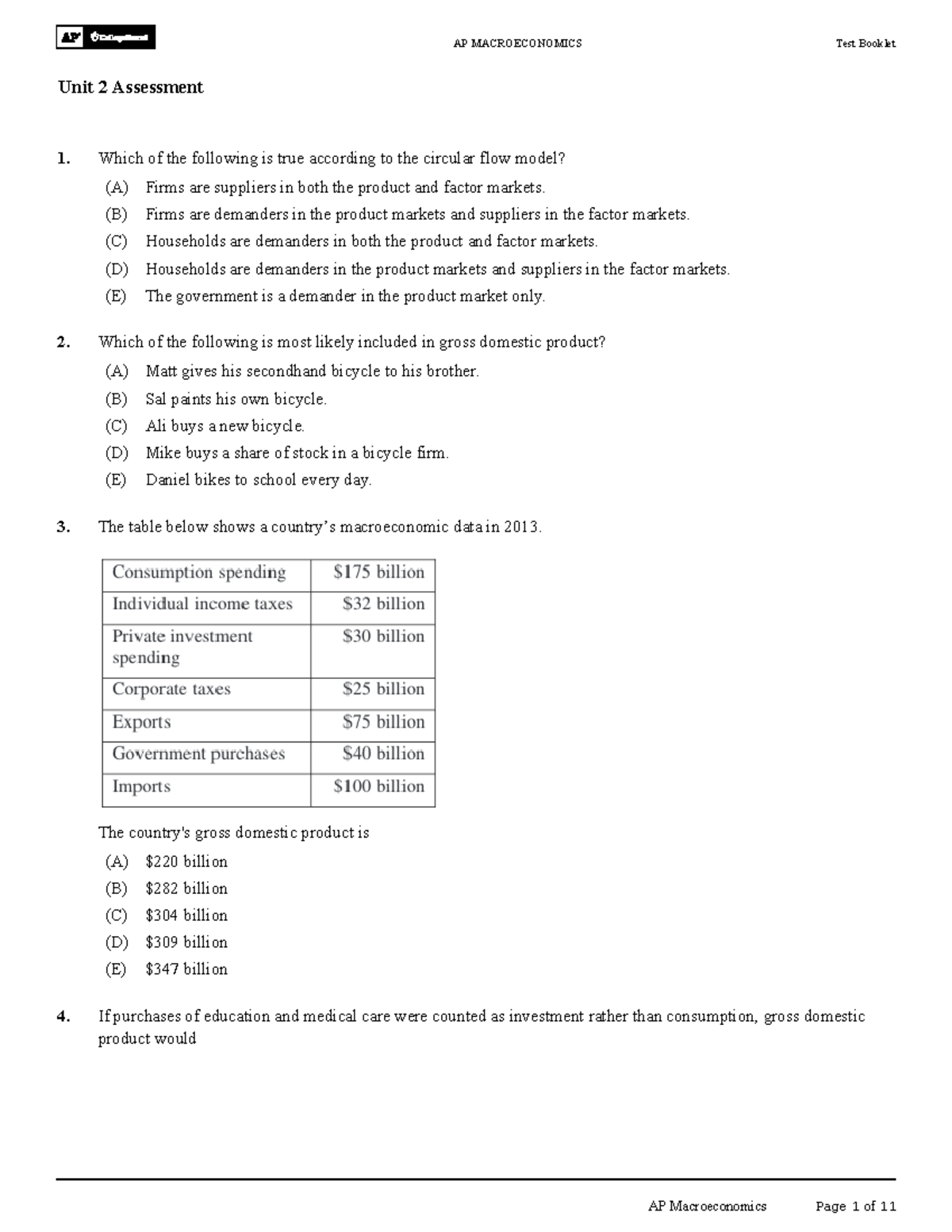 Unit 2 Assessment - AP Macroeconomics Practice Test Questions - Studocu