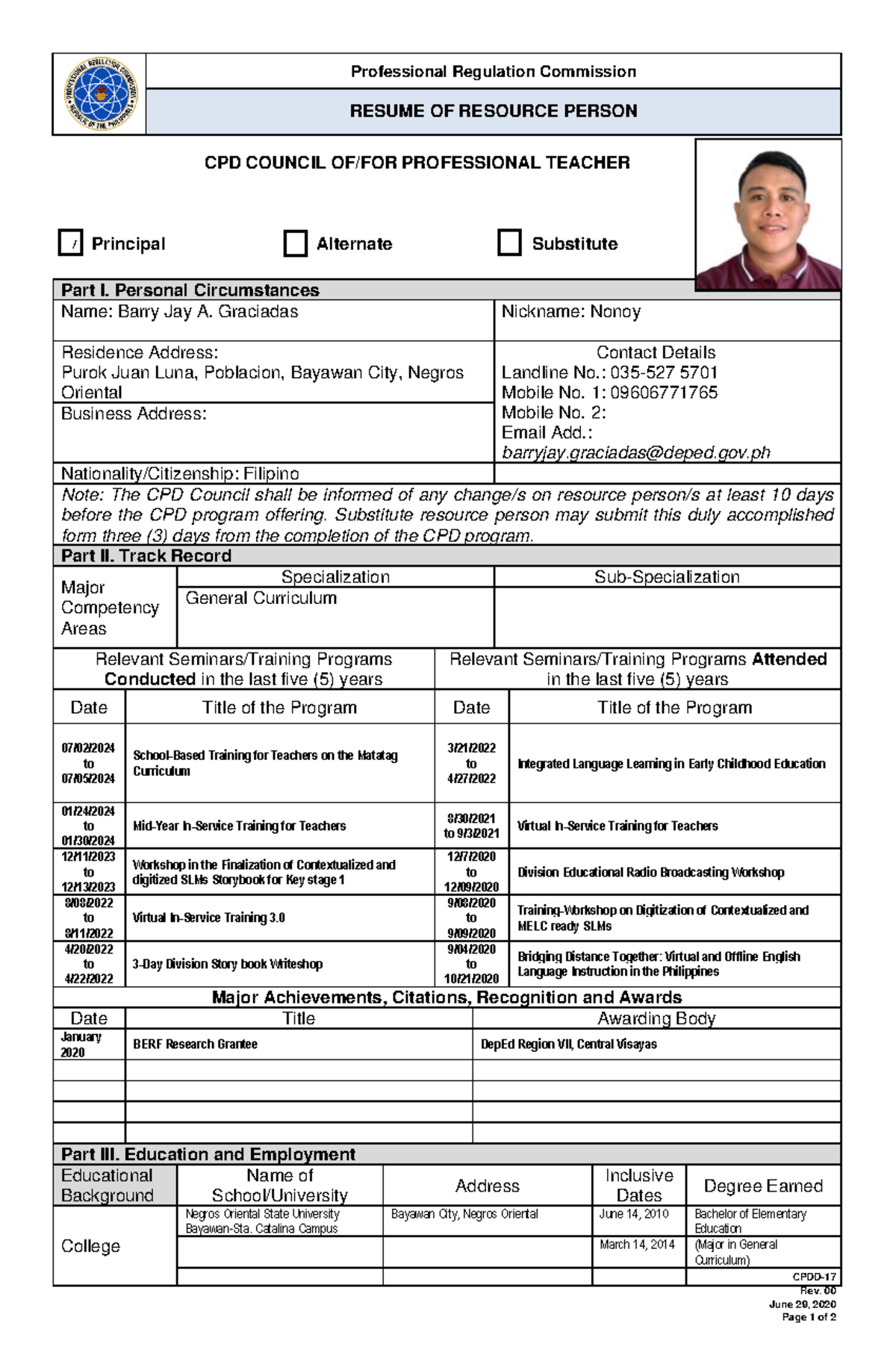 Graciadas,BJ CPDD-17- Individual- Resume-OF- Resource Person - CPDD- 17 ...