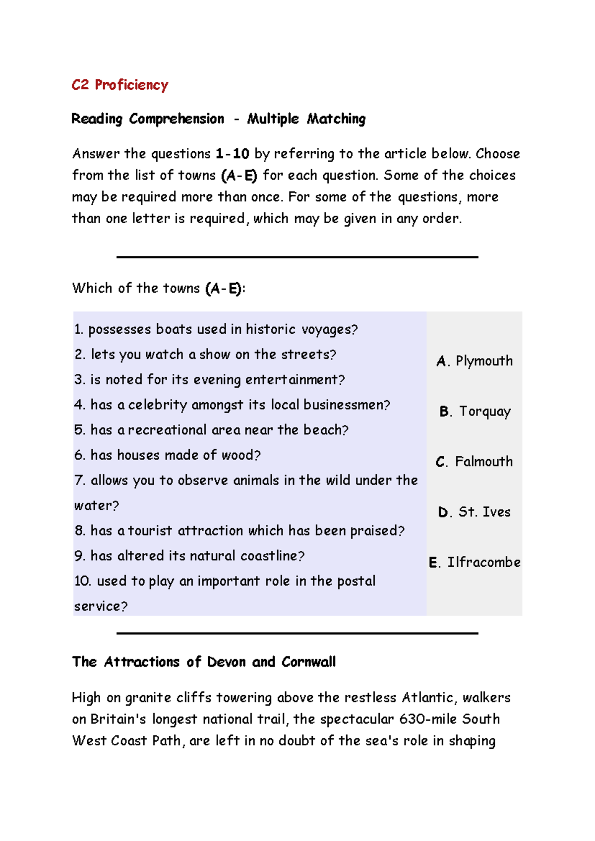 CPE Reading Comprehension: Towns of Devon and Cornwall Insights - Studocu