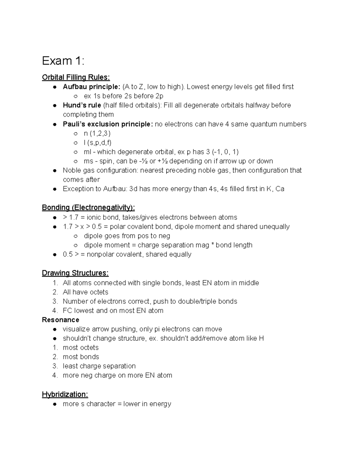 Orgo Review Doc: Exam 1 - Orbital Filling & Bonding Concepts - Studocu