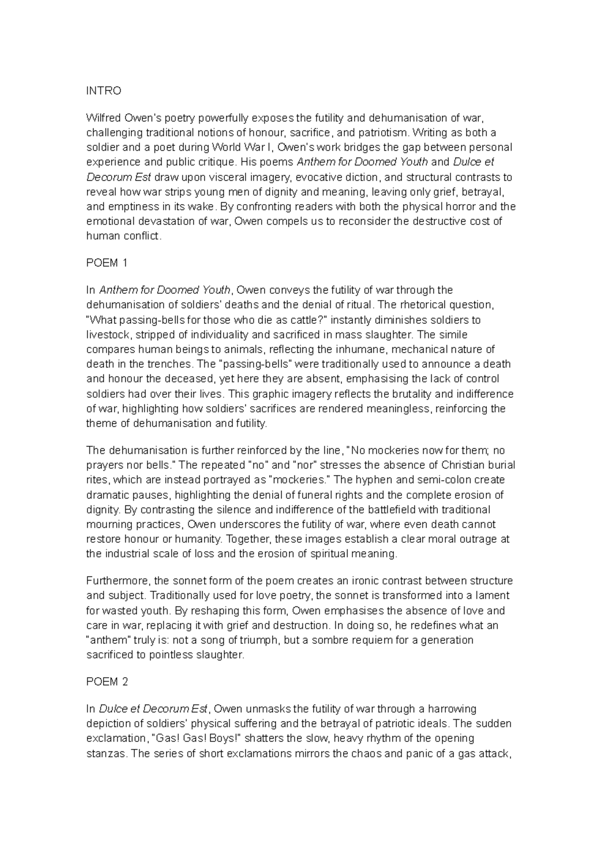 ENG 101 Prelim Essay: The Futility of War in Wilfred Owen's Poetry ...