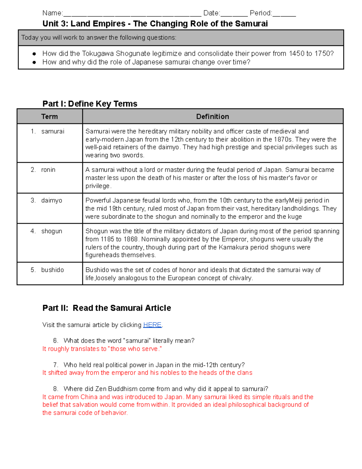 Unit 3: The Evolution of Samurai Roles in Tokugawa Japan (1450-1750 ...