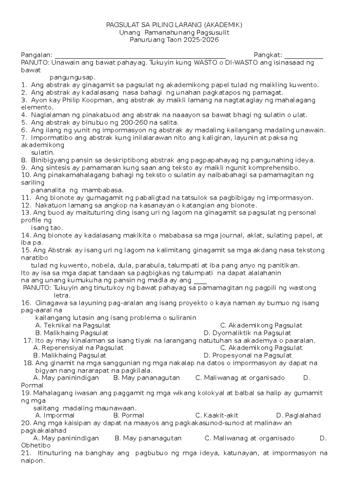 Midterm Exam PAGSULAT SA PILING LARANG (AKADEMIK) 2025-2026 - Studocu