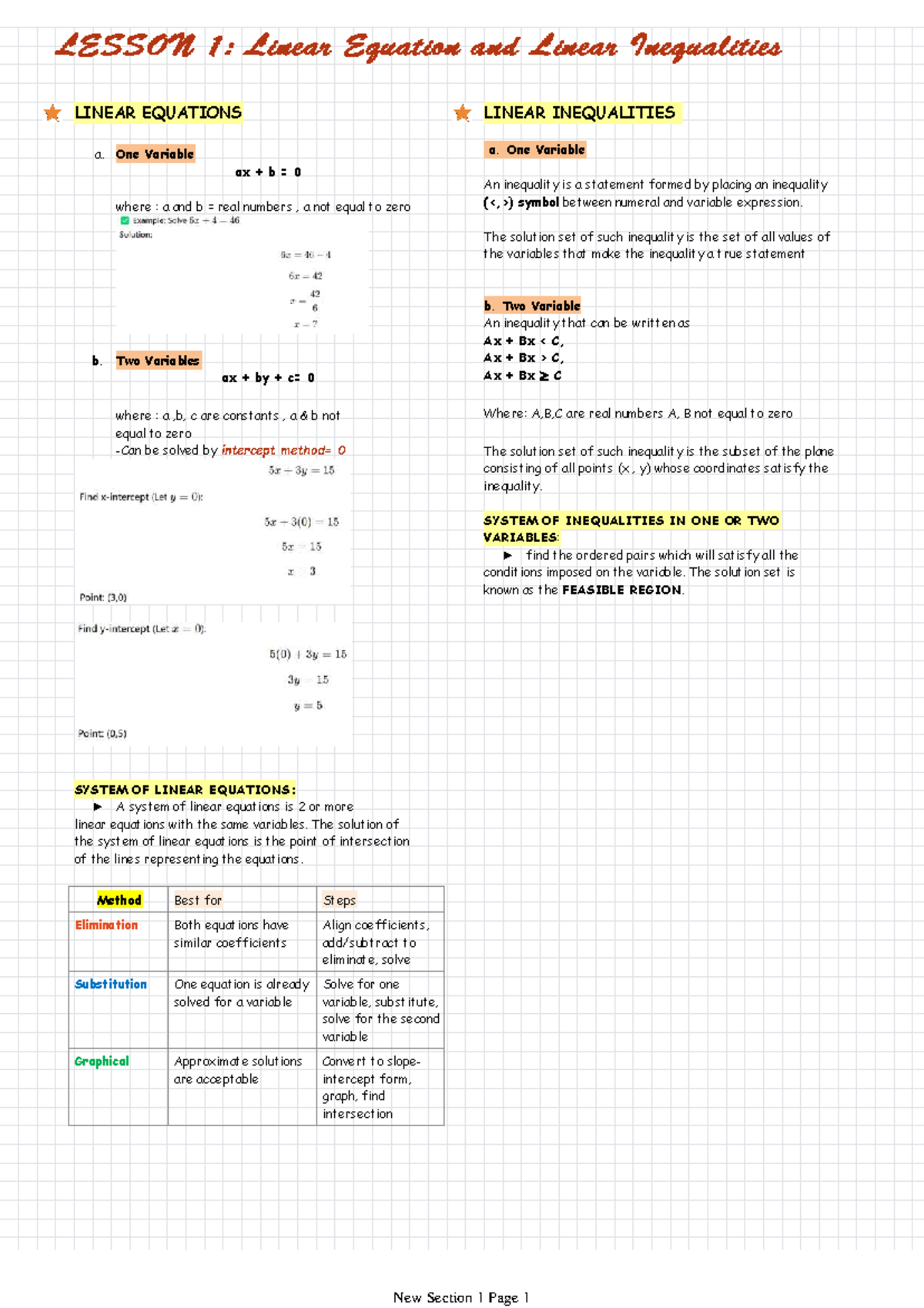 Lesson 1 Linear Equation and Linear Inequalities - LINEAR EQUATIONS a ...