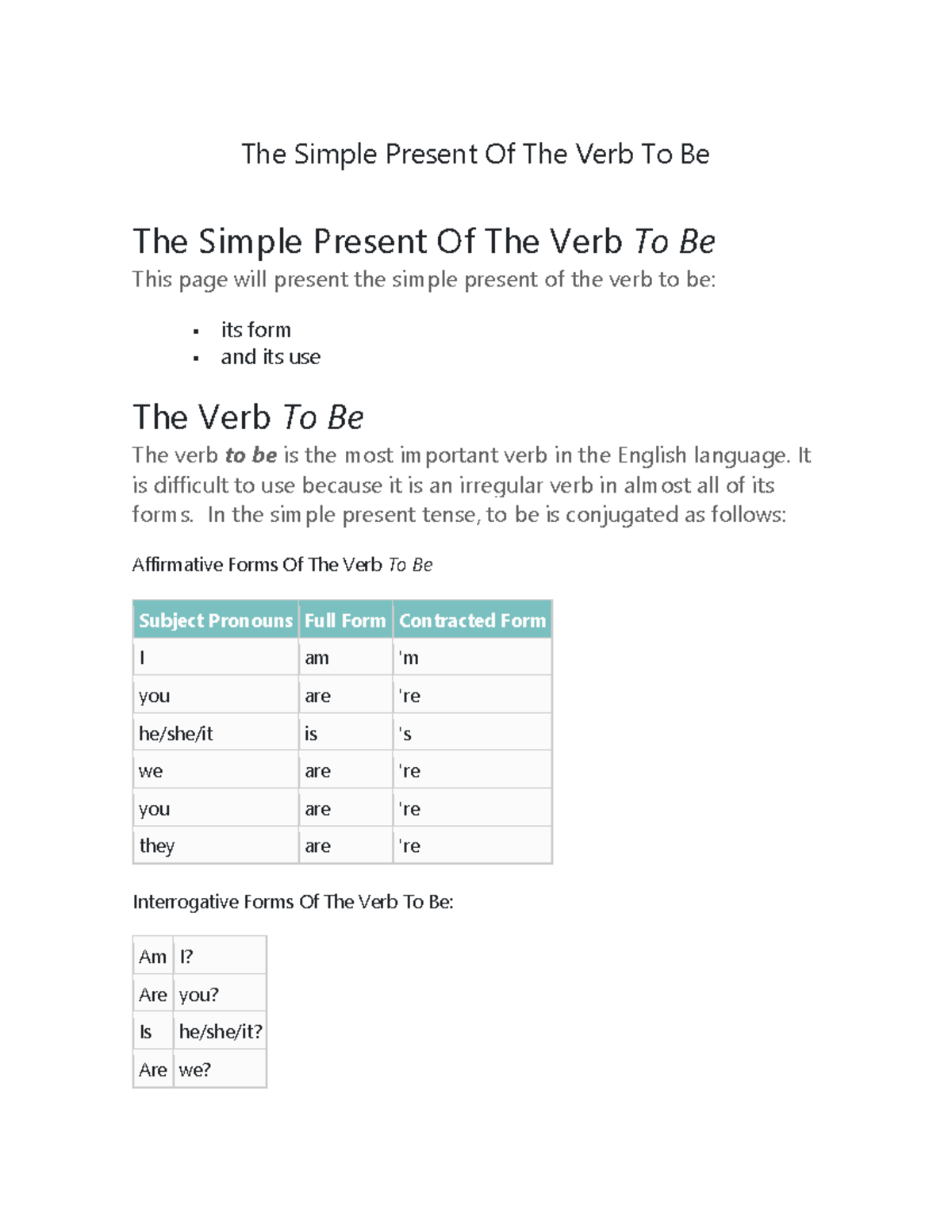 Lesson 1 -The Simple Present Of The Verb To Be - The Simple Present Of ...