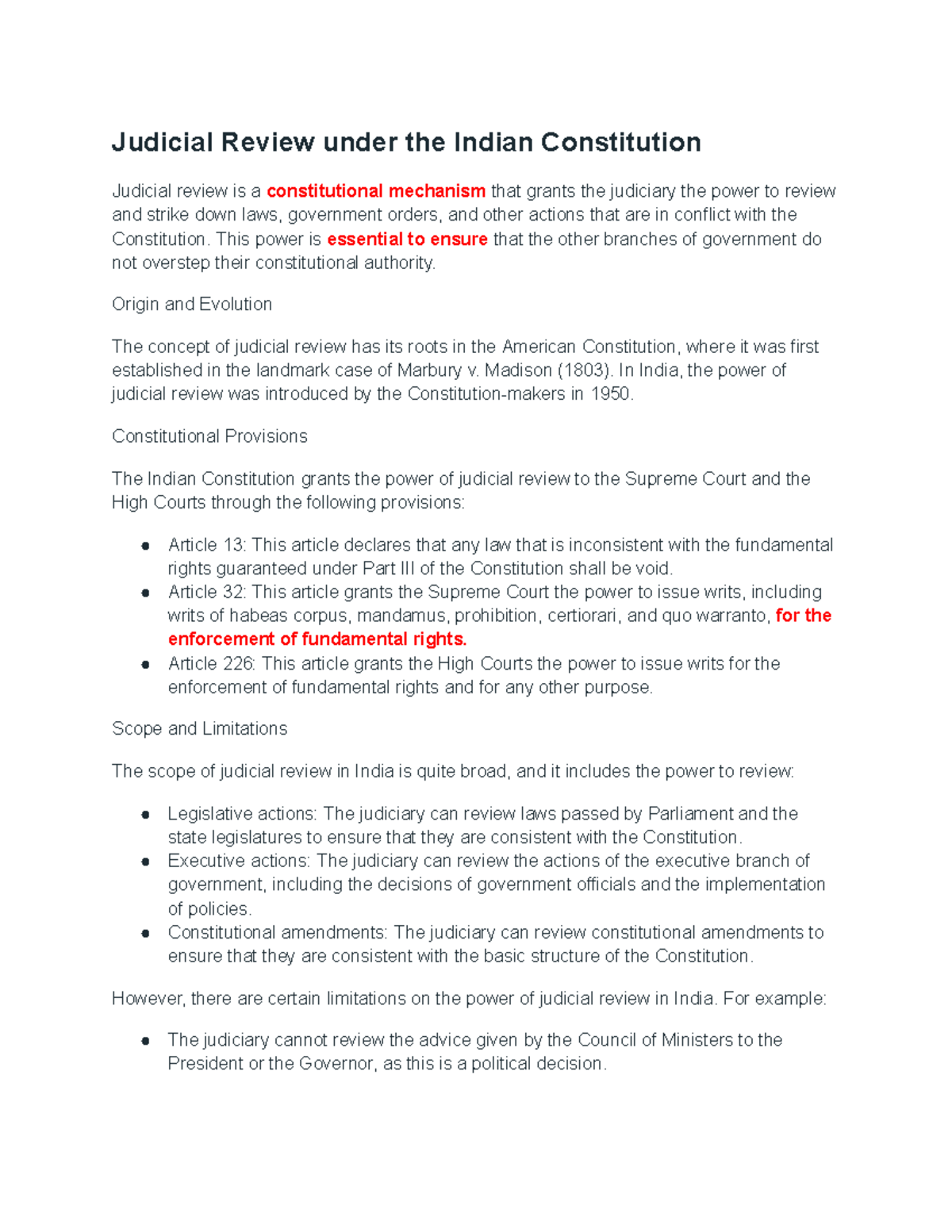 Judicial Review in India: Constitutional Mechanisms (Const Law 1 Ans ...