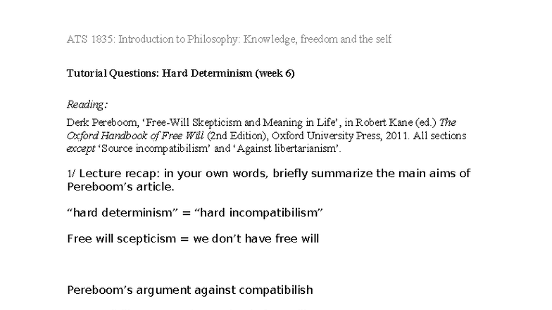 ATS 1835: Week 6 Tutorial Questions on Hard Determinism and Free Will ...