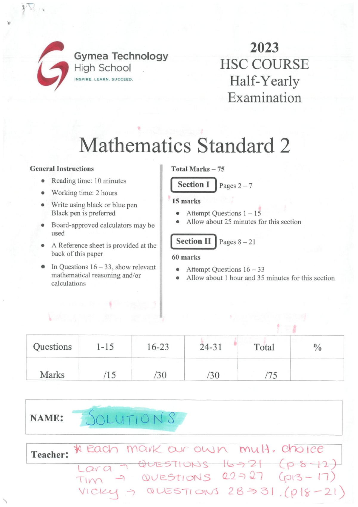 2023 Y12 Mathematics Standard 2 Exam Solutions and Marking Guide - Studocu
