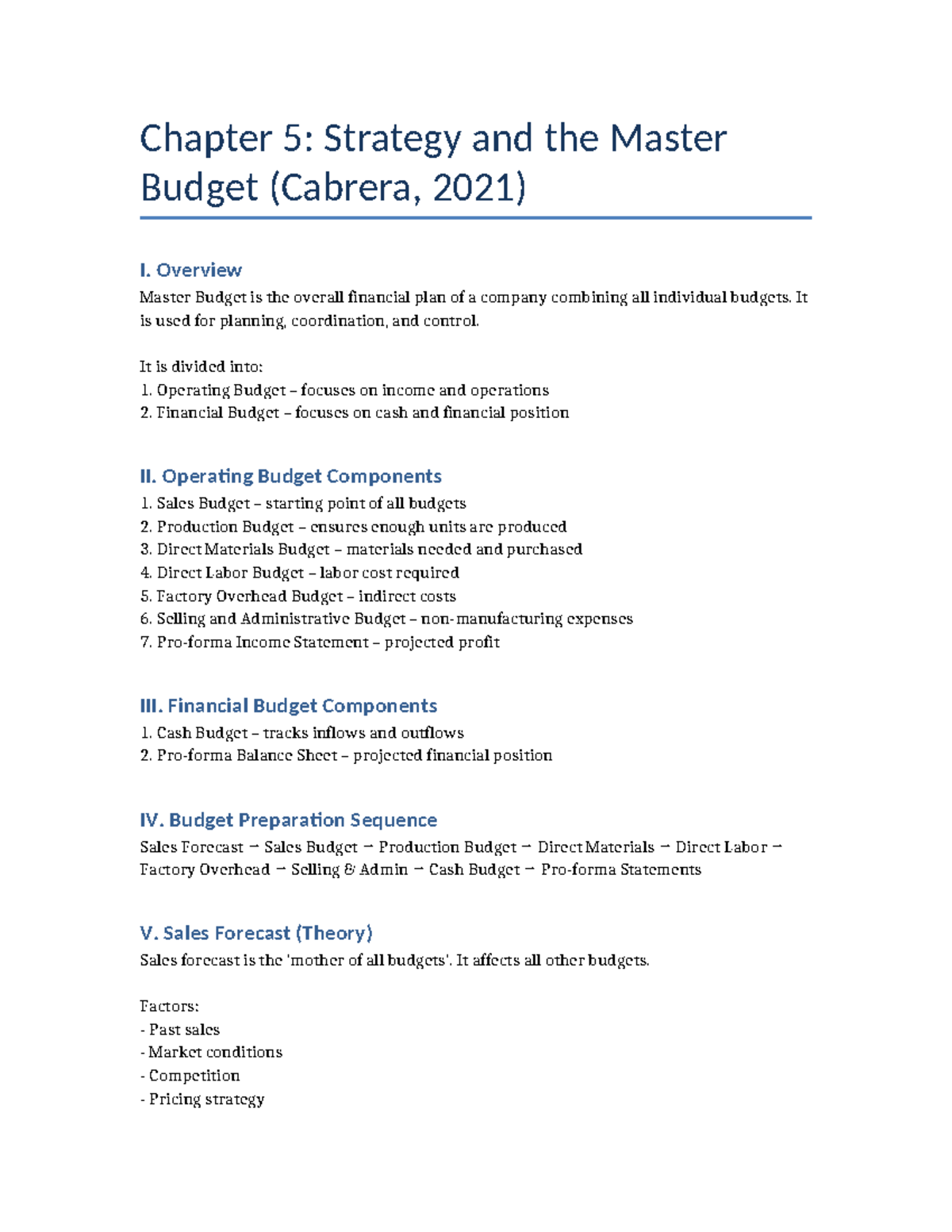 Chapter 5: Master Budget Overview and Components (Cabrera, 2021) - Studocu