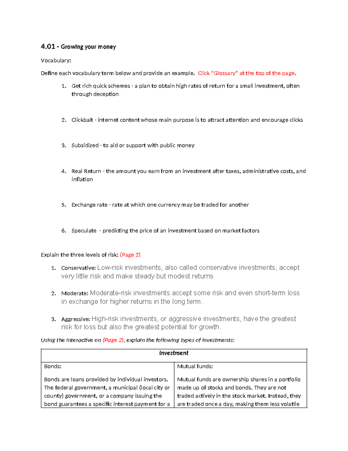 Mod 4.01 Personal & Financial Literacy Vocabulary Notes and Definitions ...