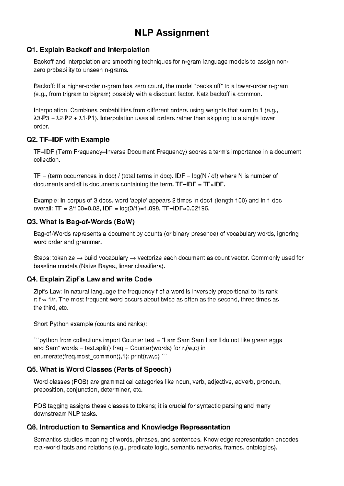 NLP Assignment Q1-Q33: Backoff, Interpolation, and Semantic Analysis - Studocu