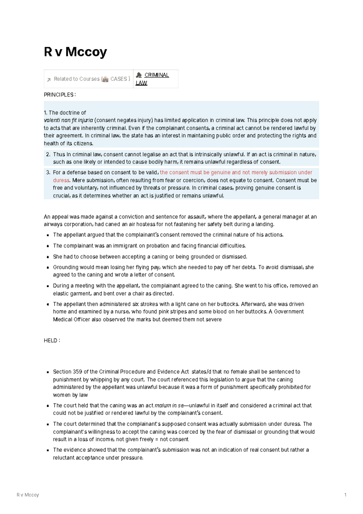 R v Mccoy Case Summary: Consent and Criminal Liability in LAWCRIMINAL ...