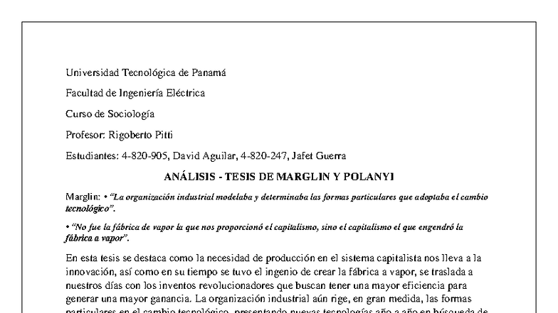 Análisis de Tesis de Marglin y Polanyi - Sociología 101 - Studocu