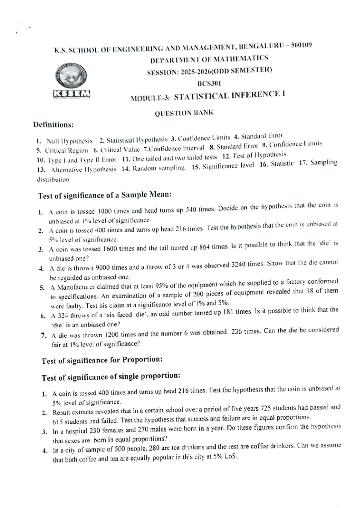 BCS301 Statistical Inference I Question Bank - Key Concepts and Tests ...