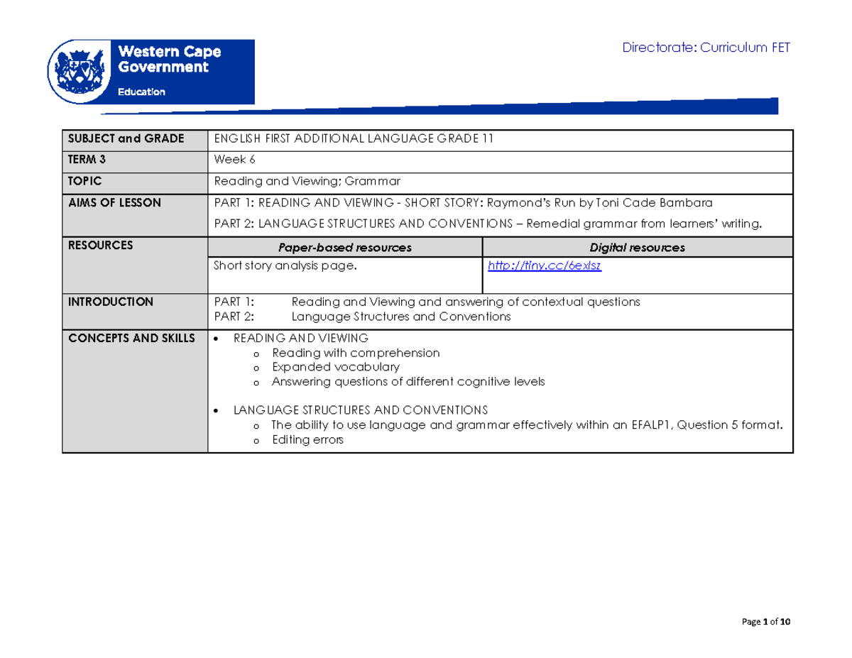 English FAL Grade 11 Term 3 Week 6: Short Story Analysis & Grammar ...