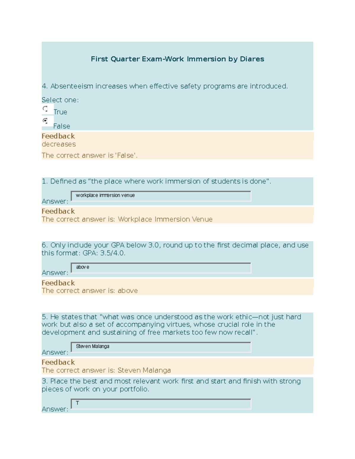 First Quarter Exam - Work Immersion (by Diares) Review Notes - Studocu