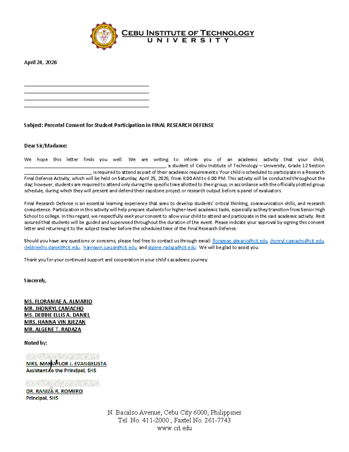 CIT-U Grade 12 Final Research Defense Consent Letter - Studocu