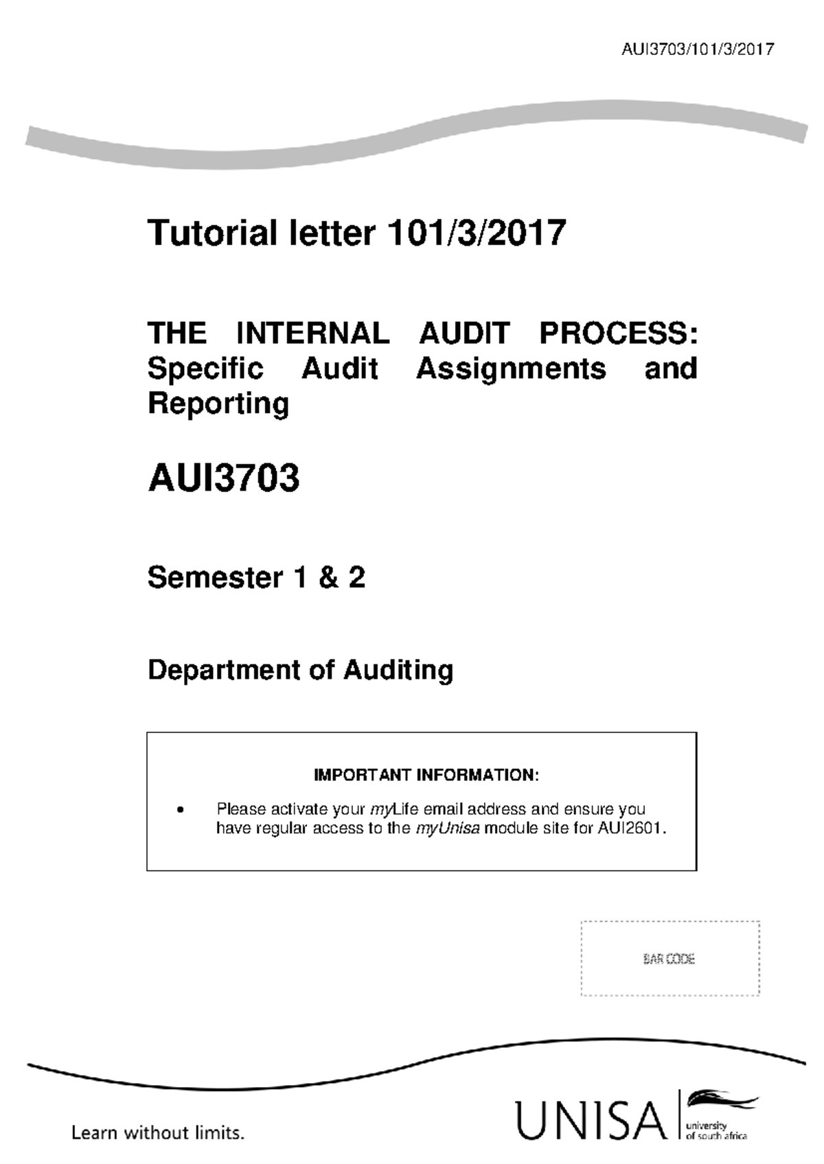 AUI3703: Internal Audit Process - Tutorial Letter 101 Overview - Studocu