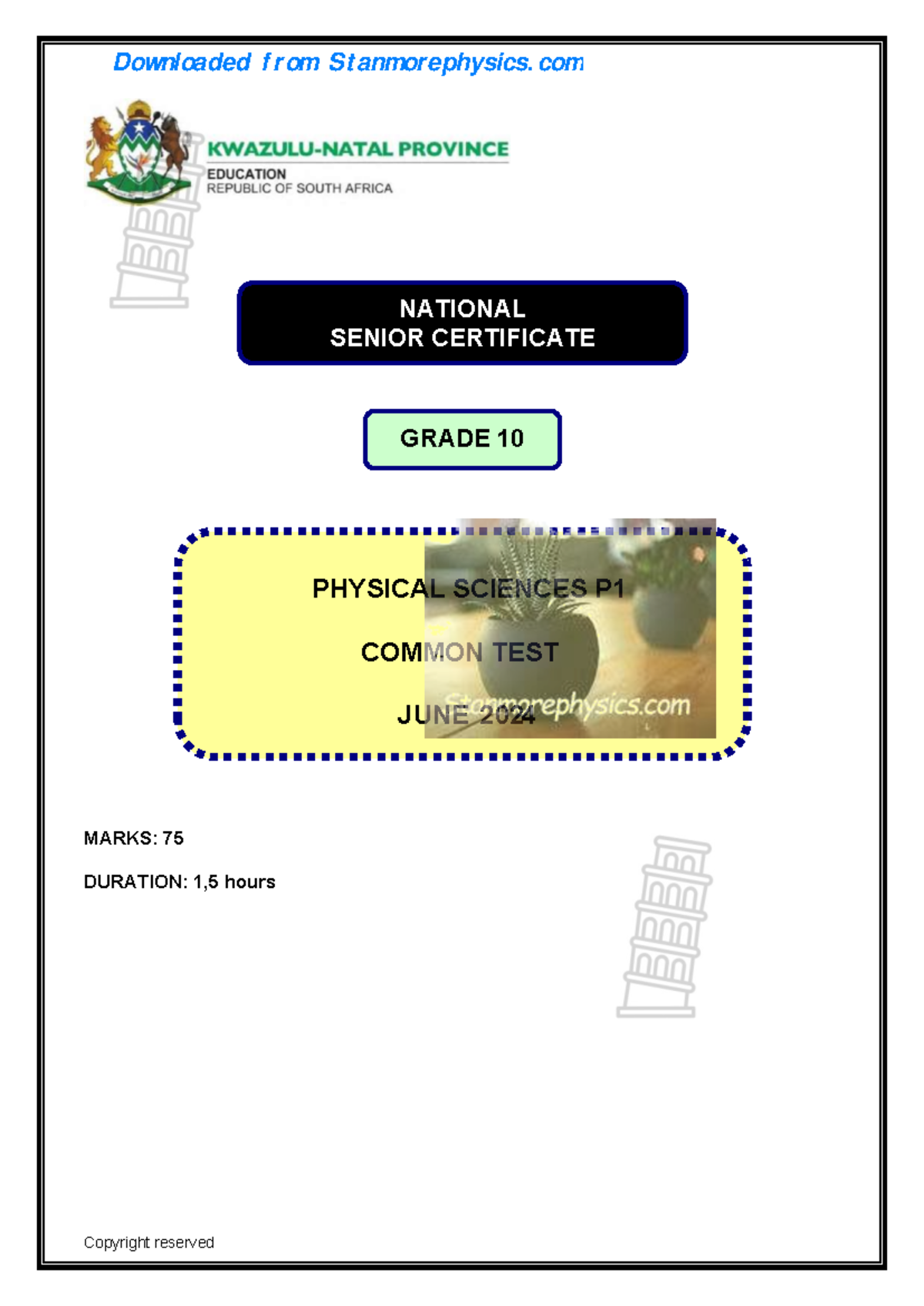 Physical Sciences P1 NSC - Grade 10 June 2024 Common Test Notes - Studocu