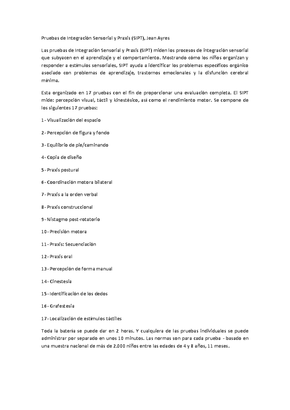Pruebas de Integración Sensorial y Praxis (SIPT): Evaluación y Métodos ...