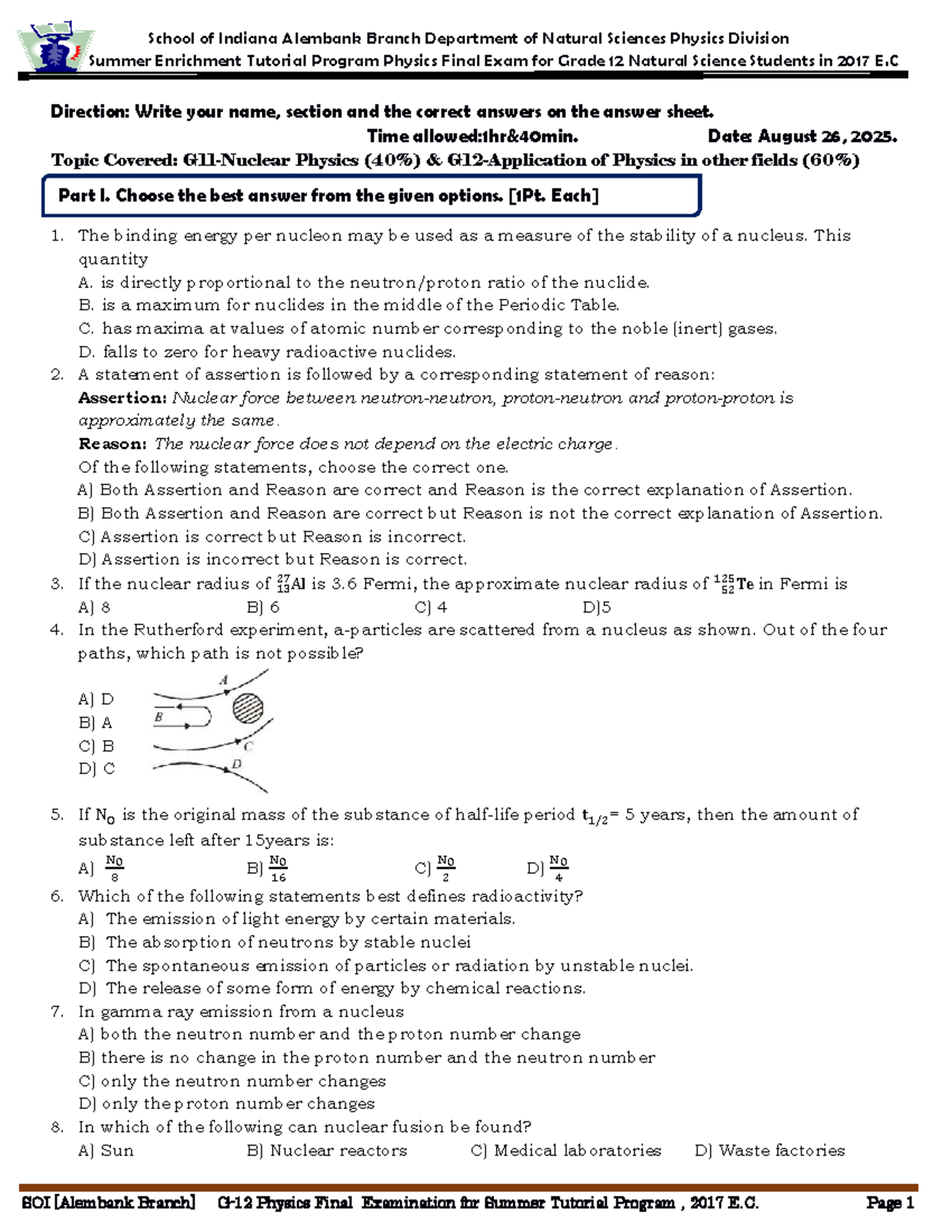 SOI G12 Physics Final Exam - Summer Tutorial Program 2017 E.C. - Studocu